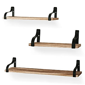 Hybition Floating Shelves, Set of 3 Rustic Wood Shelves, Wall Mounted Shelf for Wall, Bedroom, Living Room, Bathroom and Plants (Carbonized Black)
