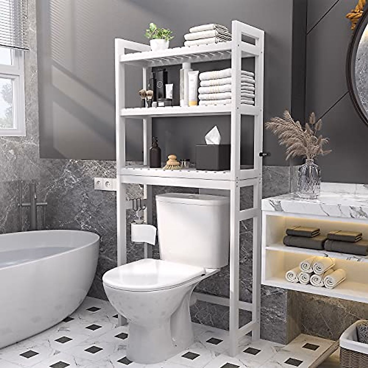 Homykic Over The Toilet Storage, Bamboo 3-Tier Over-The-Toilet Space Saver Organizer Rack, Stable Freestanding Above Toilet Stand with 3 Hooks for Bathroom, Restroom, Laundry, White