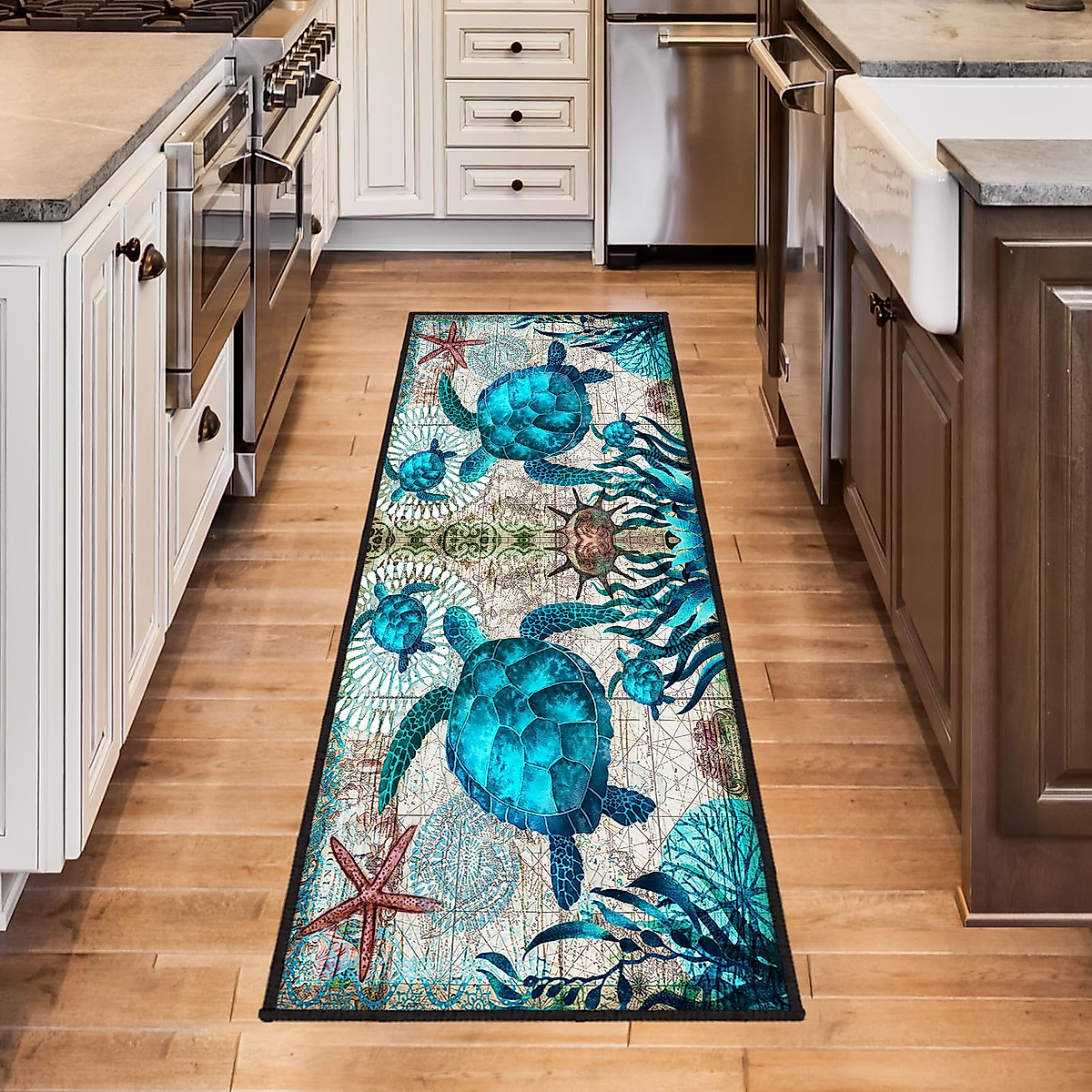 Coastal Runner Rug for Hallway 2x6 Sea Turtle Hallway Rugs Nautical Throw Rug Blue Turtles Beach Ocean Life Teal Marine Animal Area Rug Non-Slip Floor Carpet for Bedroom Entryway Door Mat Washable Rug