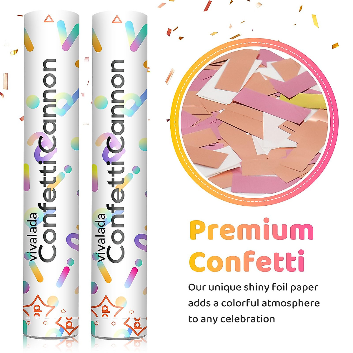 Vivalada 6 Pack Confetti Cannon - Pink, Rose Gold and White Foil Confetti Party Poppers, 12 Inch Confetti Poppers for Graduation, Birthdays Party, Weddings, Christmas New Year Eve Party Supplies
