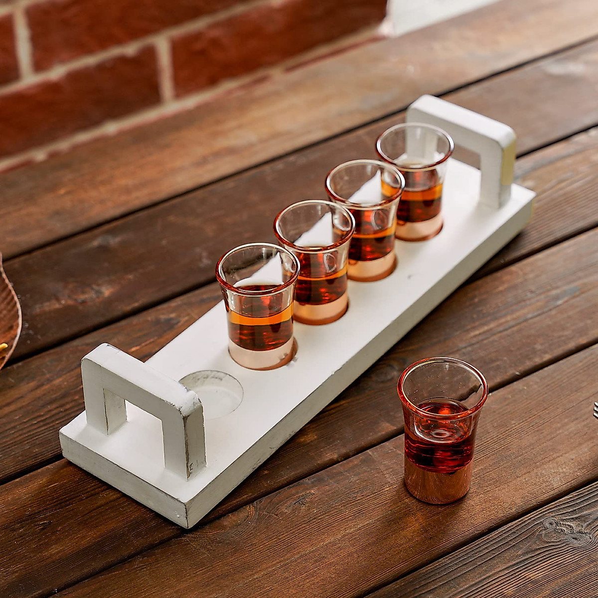 MyGift 2.5 oz Copper-Tone Base Shot Glasses Tasting Board Set - Includes Vintage White Wood Serving Tray and 5 Shot Glasses