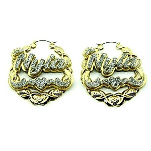 Personalized Custom Gold Hoop XOXO Earrings Name Plate Laser Cut Design Stunning Look - Quality, Attractive Gold Hoop Earrings With Swirls Heart and Crown on Top, Made To Order - 2.5 INCHES size