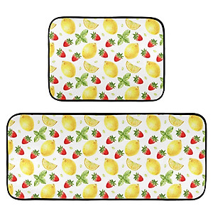 Strawberry Lemon Mint Kitchen Mats and Rugs, Summer Kitchen Floor Runner Bathroom Carpet Doormat Washable Rug 19.7x27.6 Inch + 19.7x47.2 Inch Perfect for Living Room Bedroom Entryway