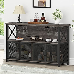 LVB Wine Bar Cabinet, Industrial Coffee Bar Cabinet for Liquor and Glasses, Modern Sideboard Buffet with Storage Rack, Rustic Liquor Home Bar for Kitchen Dining Living Room, Dark Gray Oak, 47 Inch
