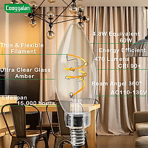 COOGGALAN Dimmable 60 Watt Chandelier Light Bulb, Amber Candelabra LED Light Bulbs B11 E12, Vintage Spiral Filament Bulb, 4.8W Warm White 2200K, CRI 90, 6 Pack