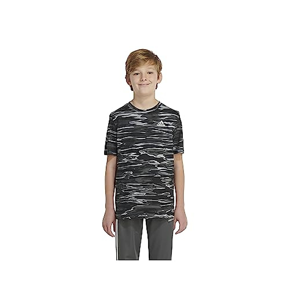adidas Boys' Short Sleeve Cotton Allover Camo BoS Logo T-Shirt, Black (New)