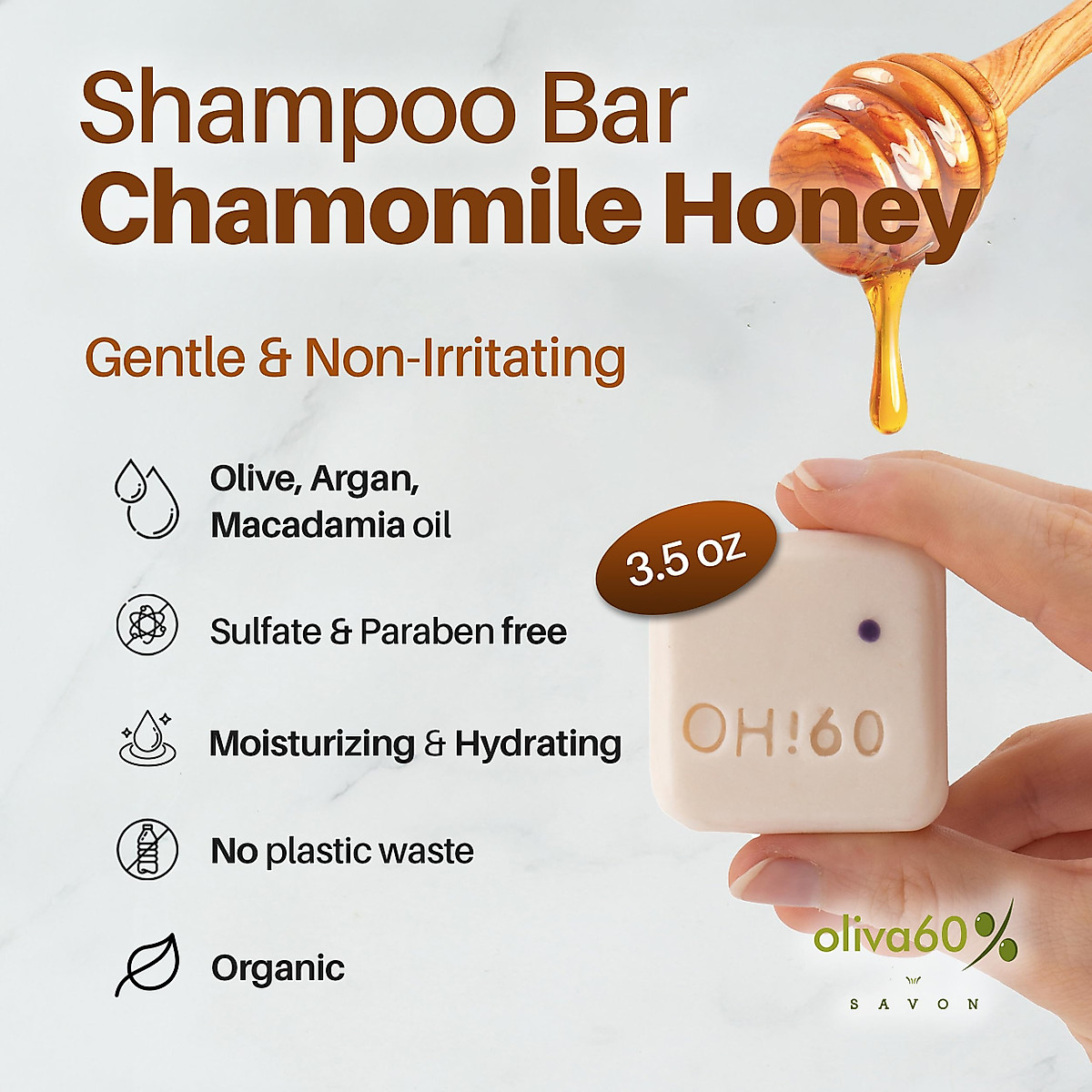 Shampoo Bar Chamomile Honey - Gentle & Non-Irritating | Hair Care- Moisturizes & Hydrates Dry Hair | Organic Shampoo wirh Olive, Argan, Macadamia Oil | Sulfate & Paraben Free | Oliva 60