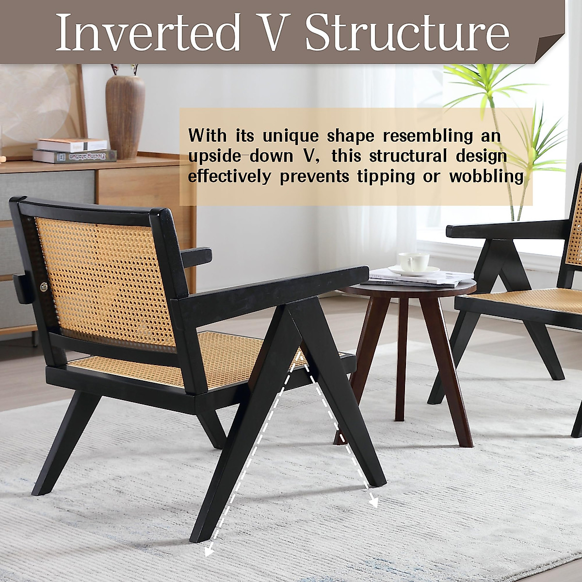 ABET Cane Accent Chairs Set of 2, Wooden Comfy Rattan Living Room Chairs with Woven Backrest & Seat, Solid Leisure Armchair, Mid-century Boho Cane Lounge Chairs for Bedroom, Patio, Balcony, Black