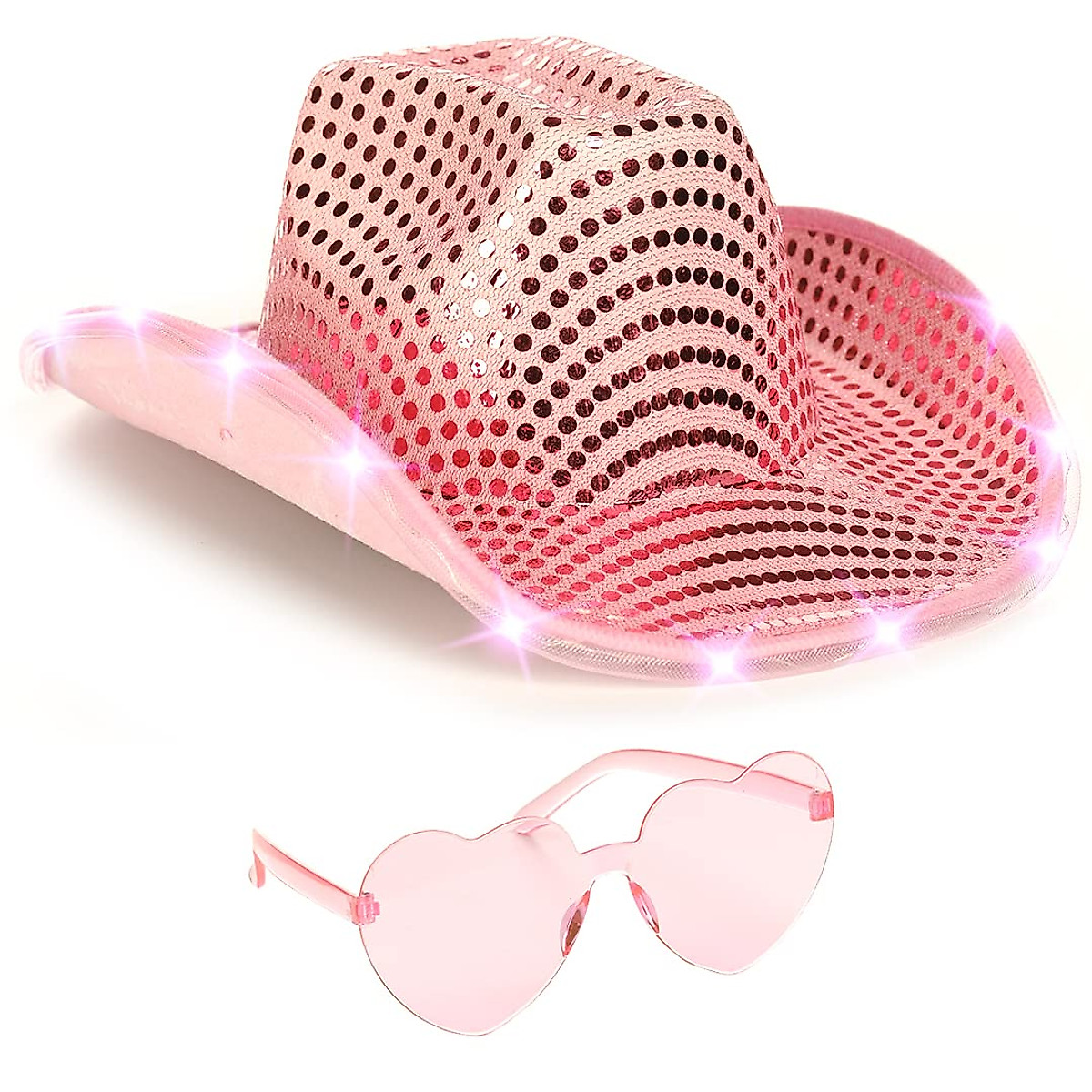 Funcredible Pink Light Up Cowboy Hat and Glasses - Sparkly Disco Cowgirl Hat - Sequin Cowboy Hat for Women - Cowgirl Costumes for Girls