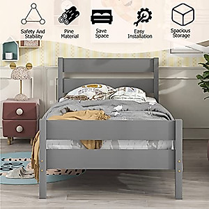 Pvillez Twin Bed Frames, Wood Twin Bed Frame with Headboard and Footboard Kids Bed Frame,Twin Wooden Bedframes Platform with Storage for Girls Boy No Box Spring Needed (Gray)