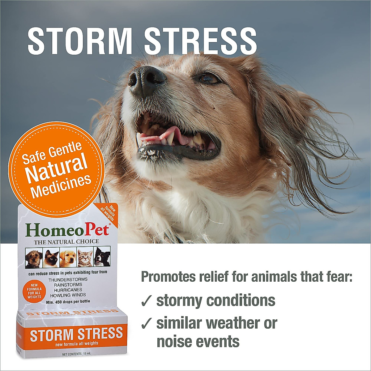 HomeoPet Storm Stress, Storm Anxiety Relief for Dogs, Cats, and Other Small Animals, 15 Milliliters