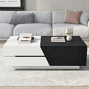 Merax Coffee Table for Living Room, Extendable Coffee Table with Sliding Top & Hidden Storage Compartment, Modern Cocktail Table Center Table for Office (White & Black)