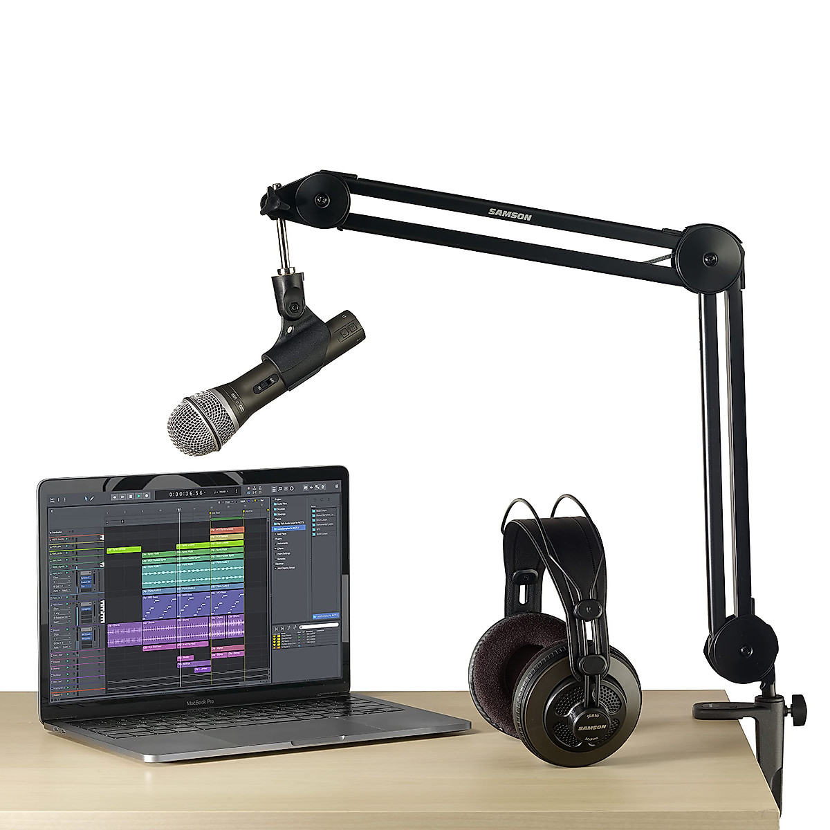 Samson Podcasting Kit with Q2U USB/XLR Dynamic Microphone, SR850 Studio Headphones and MBA28 Desktop Boom Arm Stand,Grey