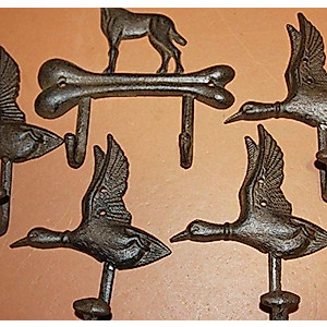 Southern Metal Duck Hunter Rustic Home Decor, Cast Iron Duck Retriever Dog, Bundle of 5 Coat Hat Wall Hooks