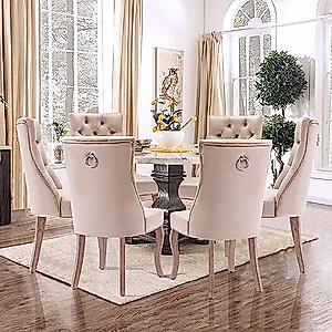 FOREDO Velvet Dining Chairs Set of 2, Upholstered Tufted Dining Chairs with Back Ring Pull Trim and Solid Wood Legs, Tan