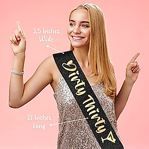 PartyForever 30th Birthday Dirty Thirty Sash Black Glitter 32 inch Long with Rose Gold Letters Dirty 30 Birthday Decorations Sash