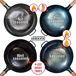 YOSUKATA Blue Round Bottom Wok Pan 14" Wok Lid 13.6 Inch - Premium Stainless Wok Cover with Tempered Glass Insert Steam Holes