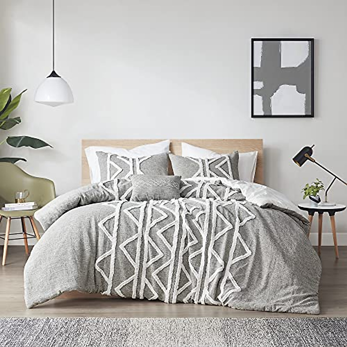 INK+IVY Hayes 100% Cotton Comforter Mid Century Modern Design Chenille Tufted All Season Bedding Set, Matching Shams, Decorative Pillow, Full/Queen, Yarn Dyed Gray 4 Piece