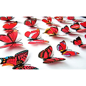 FOVSHNG 24PCS 3D Butterfly Wall Decor Butterflies Decals Removable Butterfly Wall Stickers for Girls Kids Bedroom and Room Decoration Mural Red