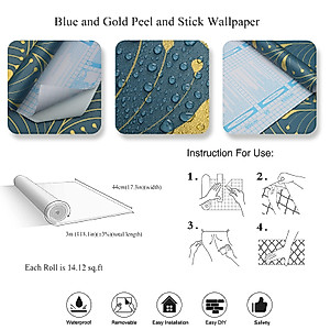 Peel and Stick Wallpaper Gold and Blue Wallpaper Stripe Contact Paper Geometric Removable Self Adhesive Wallpaper for Walls Bedroom Home Decoration Vinyl Rolls 17.3''x118.1''