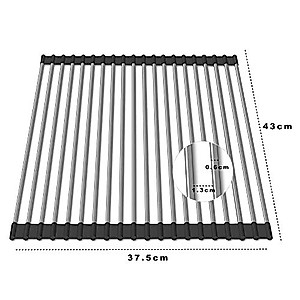 CANWELL 17"x15" Roll Up Dish Drying Rack, Premium 304 Stainless Steel Over Sink Kitchen Drainer Rack with Silicone Rims, Black
