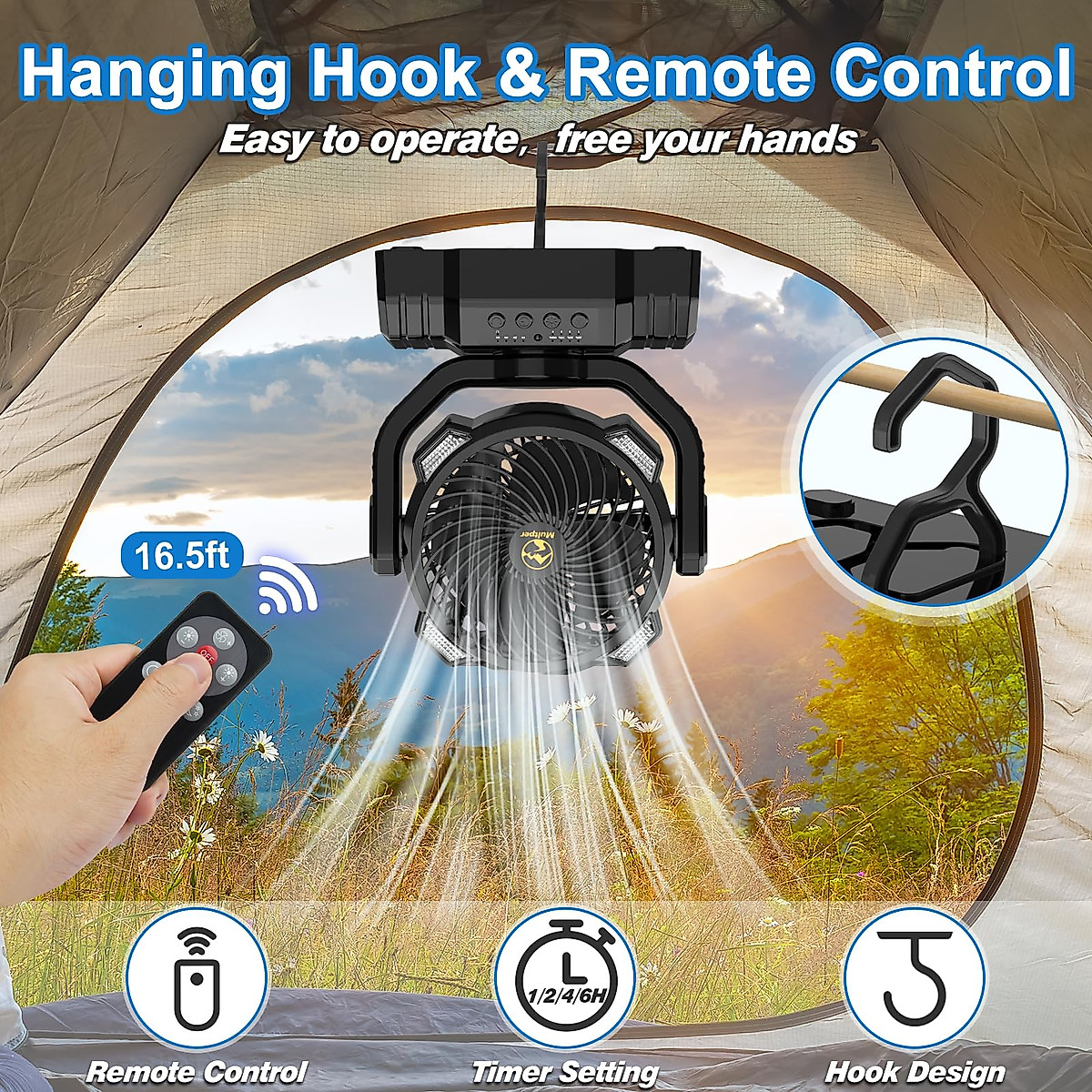 Multper 10000mAh Rechargeable Camping Fan, USB Battery Operated Powered Shaking Head Fan with LED Lantern, 4 Speed 4 Timing Outdoor Tent Fan for Camping with Remote & Hook for Fishing,Travel, Jobsite