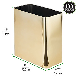 mDesign Stainless Steel Slim Rectangular Modern Metal 2.6 Gallon/10 Liter Trash Can Wastebasket, Garbage Container Bin for Bathroom, Bedroom, Kitchen, Home Office; Holds Waste, Recycling - Soft Brass