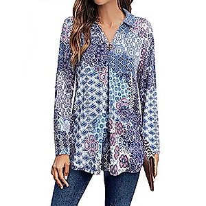 VALOLIA Women's 3/4 Sleeve Tunic Tops to wear with Leggings, Ladies Dress Shirts and Blouses for Work Long Sleeve Red Office Blouses Print V Neck Business Casual Flowy Fall Dressy Silk Elegant Blue