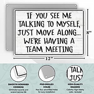 Funny Office Decor Signs - If You See Me Talking To Myself We're Having A Team Meeting, Cubical Office Door Accessories Office Wall Decorations Aluminum Sign Women Gift