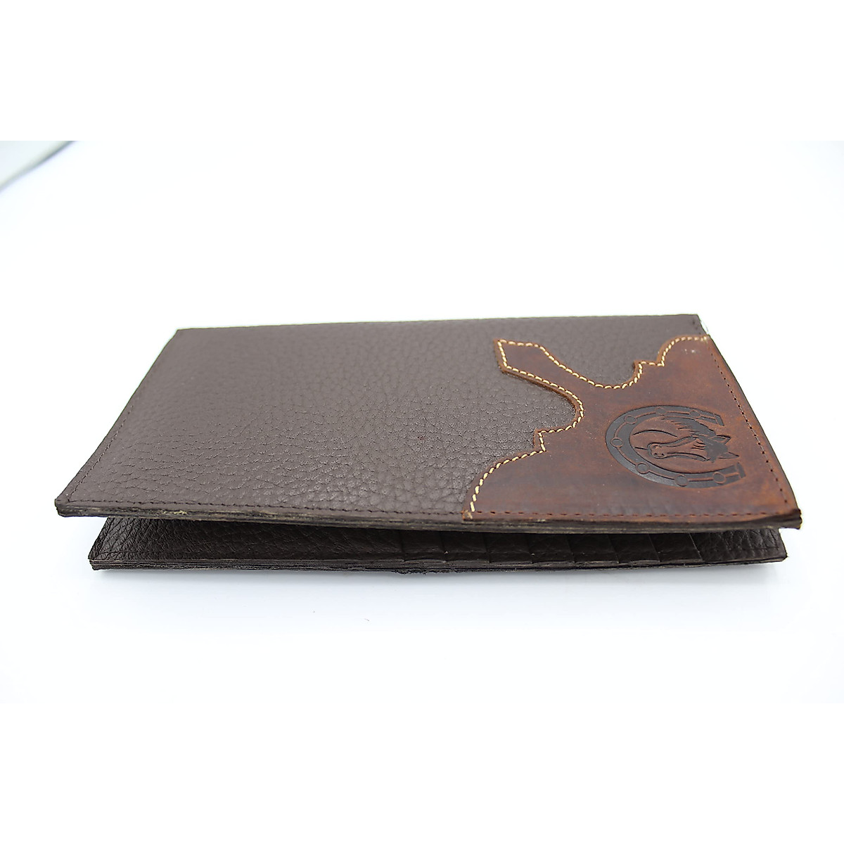 EastMeetsWest Western Dark Brown Hand Tooled Horse Head Horse Shoe Genuine Leather Bi-Fold Men's Rodeo Long Wallet