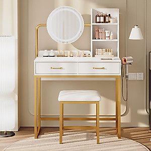 Dowinx Vanity Desk with LED Lighted Mirror & Power Outlet, White Vanity Desk with Adjustable 3 Lighting Modes, Small Vanity Desk for Bedroom, Makeup Vanity with Chair for Girl, Gold and White