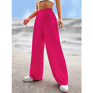 Verdusa Women's Elastic High Waist Solid Straight Leg Pants Casual Long Trousers Hot Pink M