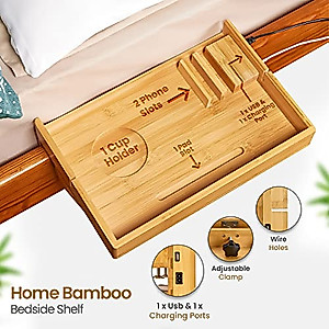 House Ur Home Bamboo Bedside Shelf for Bed, Dorm Bed Shelf fits a Laptop, Books, and Drink, Removeable Bedside Tray with USB Ports to Charge Devices, Versatile bunk Bed Shelf for Small Spaces & loft