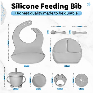 Complete Baby Mealtime Bundle - Baby Weaning Supplies, Silicone Bib with Food Pocket, Secure Suction Plate and Bowl, Child-Safe Utensils, Teething Toy, Straw Sipper Cup 0-48 Months