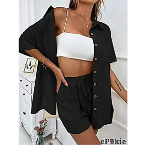 Beyove Women's 2 Piece Lounge Tracksuit Outfit Sets Cotton Linen High Low Shirt and Drawstring Casual Shorts Set, Black S