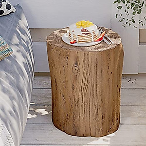 HOMPUS Concrete Outdoor Side Table Tree Stump Modern Round Coffee Table Accent Table Plant Stand Faux Wood End Table Garden Stool for Patio,Home Decor, Living Room(Light Oak)