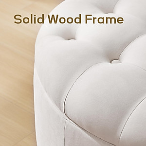 HUIMO 30-Inch Round Storage Ottoman, Modern Button Tufted Coffee Table with Removable Top, Upholstered Ottoman with Storage Footrest Stool for Living Room, Bedroom and Office(Ivory)