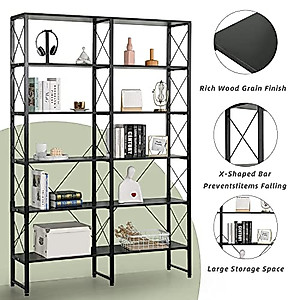 MELLCOM Double Wide 6-Tier Bookshelf, Industrial Open Large Bookcase, Wood and Metal Tall Bookshelves for Living Room Bedroom Office, Black