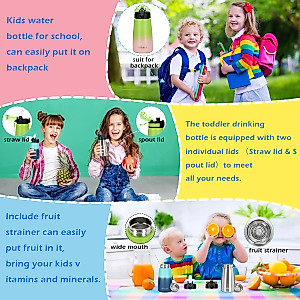 GOPPUS 12 oz Kids Water Bottle with Straw Lid & Spout Lid Vacuum Insulated Stainless Steel Cup Double Wall Kids Metal Water Bottles For School Boys Girls (Olive Pink 2 Lids)