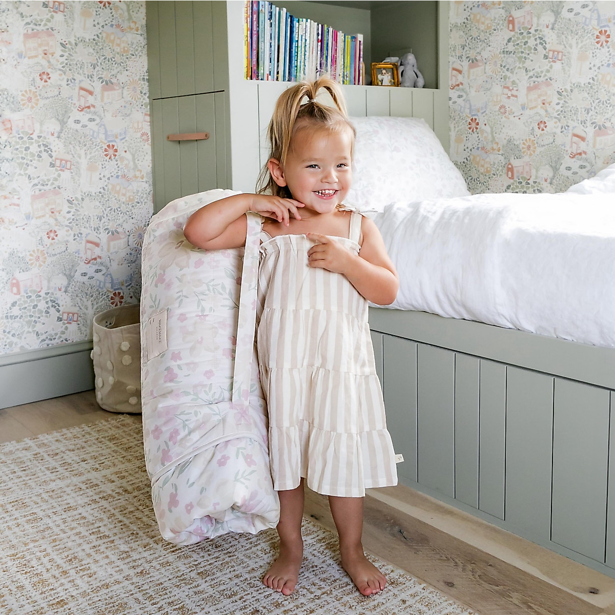 Makemake Organics GOTS Certified Organic Cotton Nap Mat with Detachable Pillow for Kids-Soft Sleeping Bag for Toddlers, Boys, Girls - Ideal for Daycare, Preschool, Kindergarten - 20"x50" - Blossom