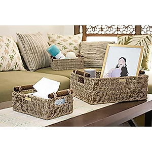 ADO Basics Wicker Basket with Stain Resistant Wooden Handles, Seagrass Wicker Baskets for organizing 14.6"x10.3"x6.2" and 12"x8.3"x5.1" and 9.5"x6.6"x4.1", Set of 3