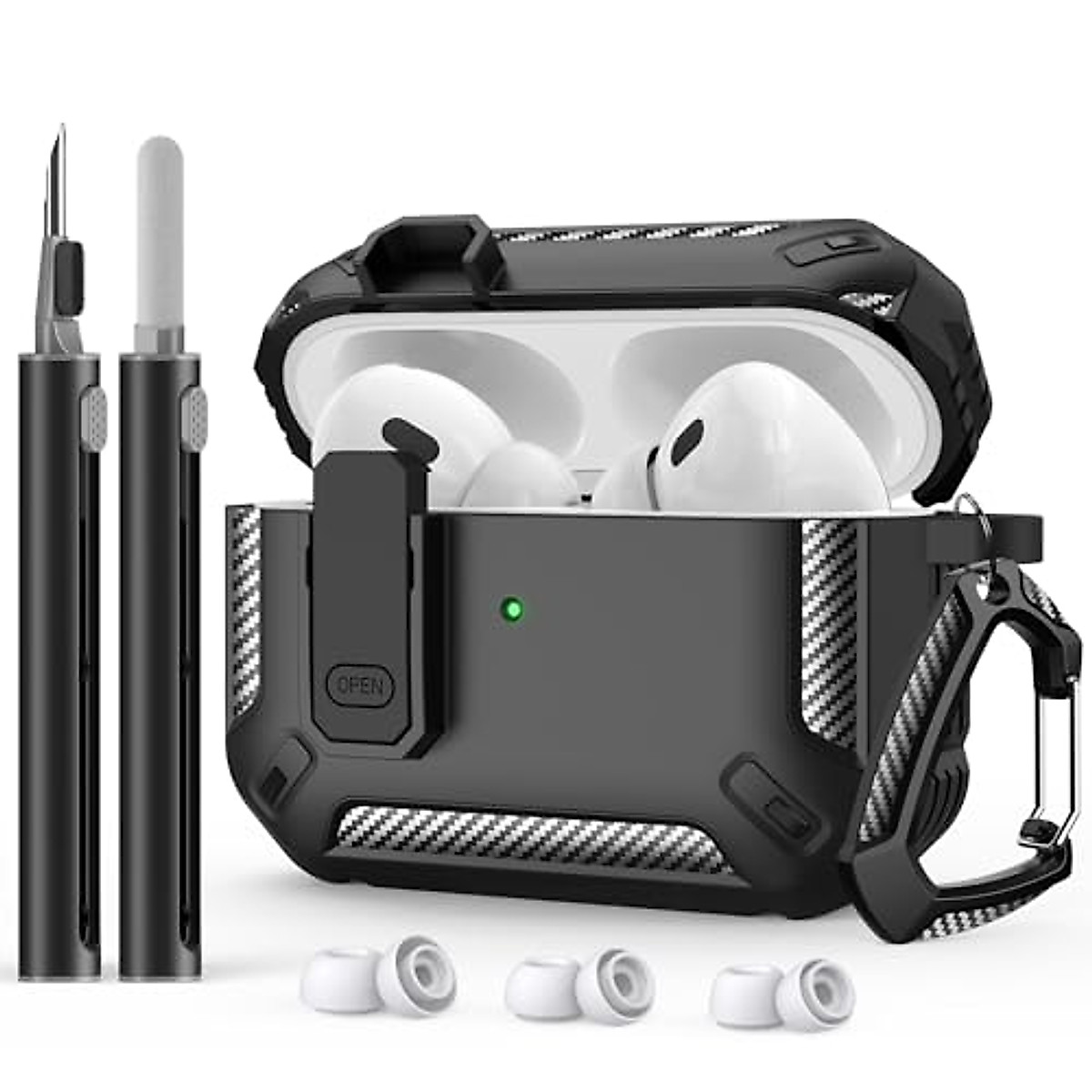Polislime Airpods Pro 2nd Generation Case Cover,with Cleaner kit & 3 Pairs Replacement Ear Tips (/S/M/L),Military Armor Hard Shell Protective with Lock for Apple AirPods Pro 2nd Charging Case-Black