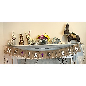 HE IS RISEN Burlap Banner - Easter Bunting Decoration with Crosses - Religious Holiday Bunting Wall Hanging - Ready to Hang Church Prop Decorations by Jolly Jon