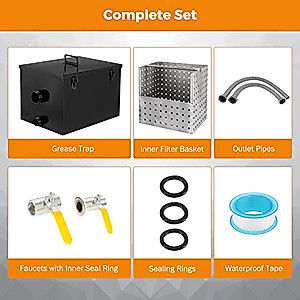 BEAMNOVA 9lbs Commercial Grease Trap Stainless Steel Black Grease Interceptor for Restaurant Kitchen Home Under Sink, Side Inlet