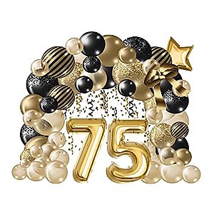 7x5ft Birthday Party Decoration Black Gold Balloon Poster for Anniversary Photo Booth Backdrop Background Banner 75th Birthday Party Supplies W-7066