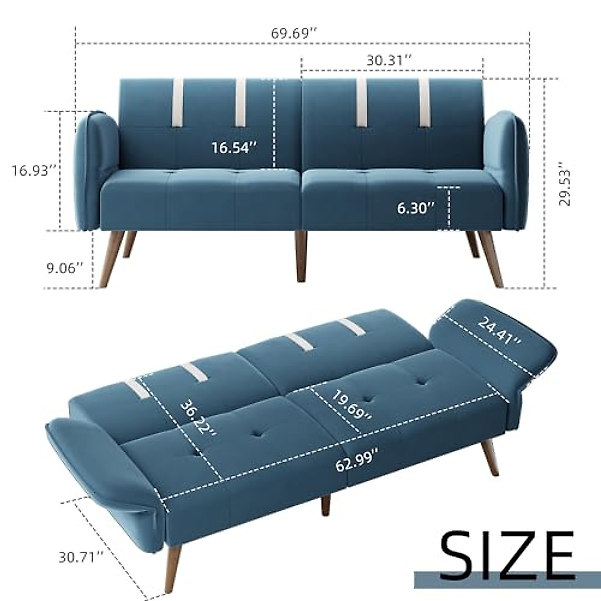 JAMFLY 69'' Velvet Futon Sofa Bed, Convertible Futon Couch Sleeper Sofa with Adjustable Armrests and Backrest, Modern Loveseat Sofa for Living Room, Bedroom…