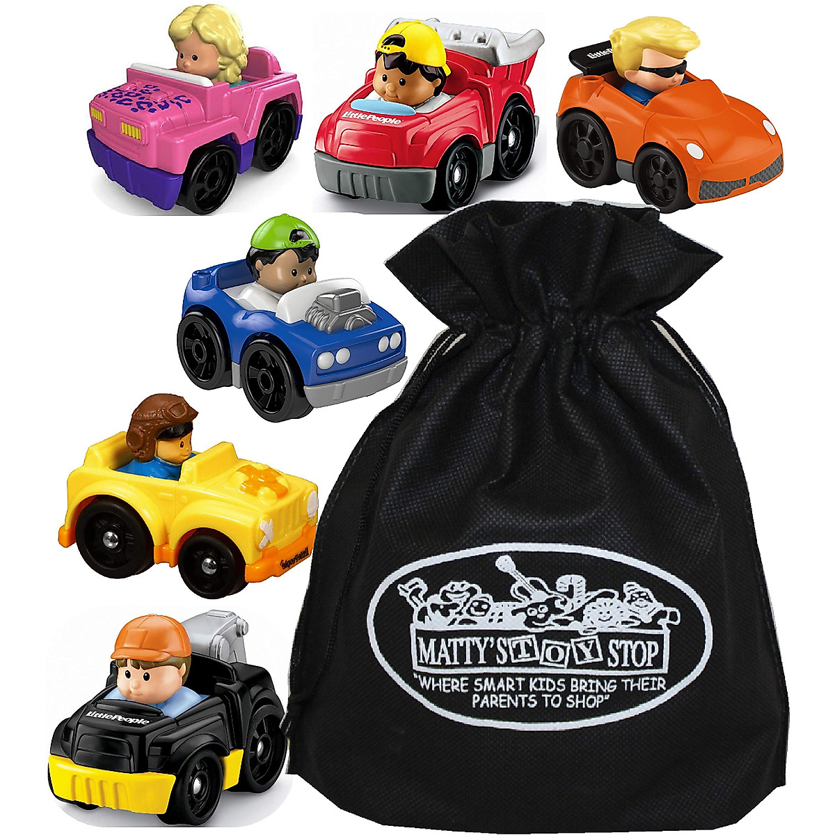 Fisher-Price Little People Wheelies Vehicles Gift Set Blind Bundle with Exclusive Matty's Toy Stop Storage Bag - 6 Pack (Assorted Styles)