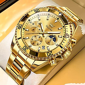 OLEVS Gold Watch for Men Classic with Date Business Dress Luxury Big Face Male Watch Waterproof Luminous Pro Diver Mens Wrist Watch Analog Two Tone Stainless Steel Multifunction Watch
