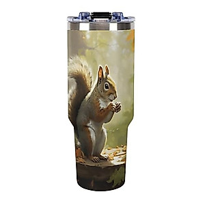 LLUTSNTH 40 Oz Vacuum Tumbler with Light Rose Red Handle Leakproof Insulated Tumbler Squirrel Eats Nuts Stainless Steel Travel Mug with Lid And Straw Coffee Cup Cute Water Bottles Cup Holder Friendly