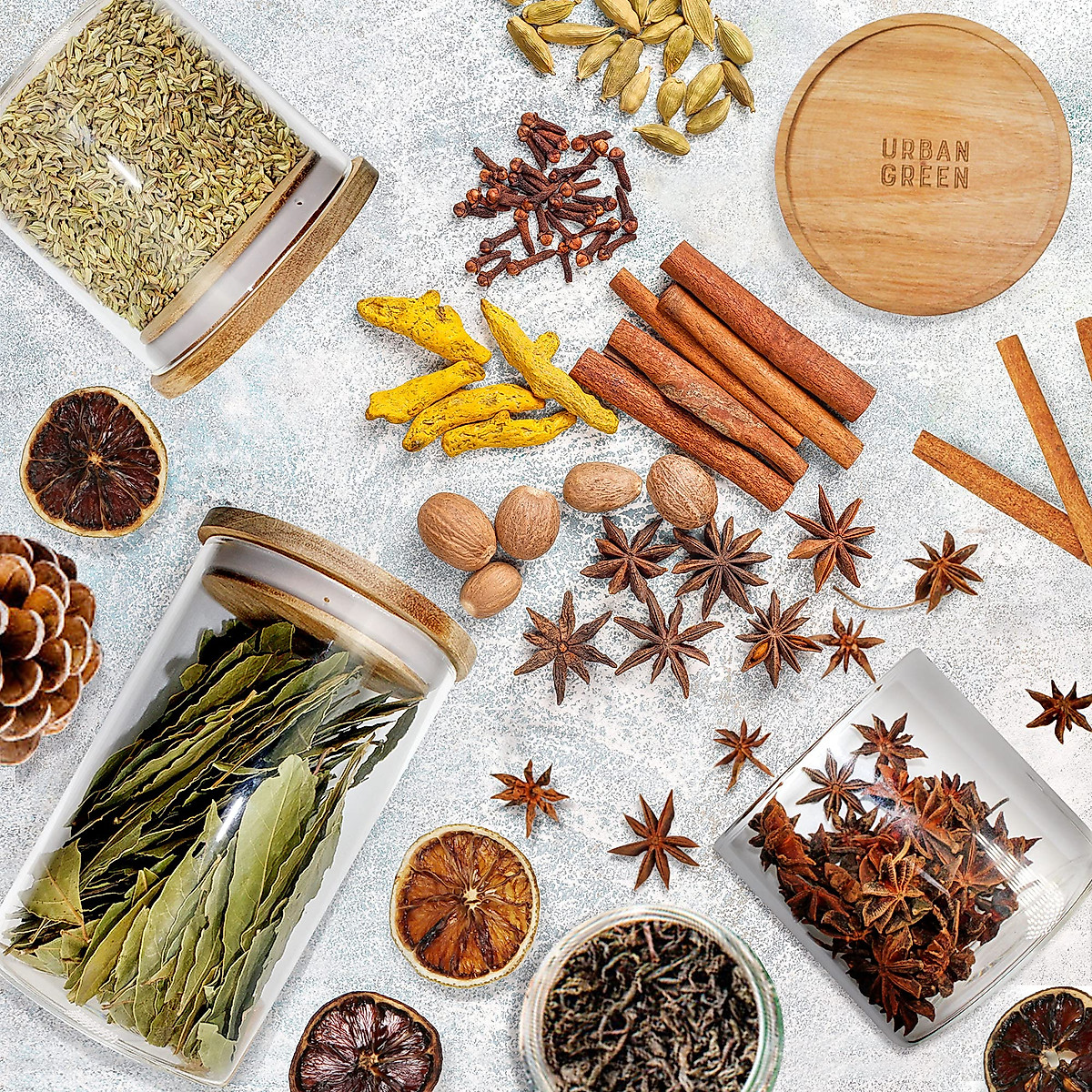 Urban Green Glass Jars with Airtight Lids, Airtight Glass Canisters with Wood Lids, Glass Food Storage Containers with Lids, Glass Food Jars for Spice and Herbs (9 Pack of 16oz)